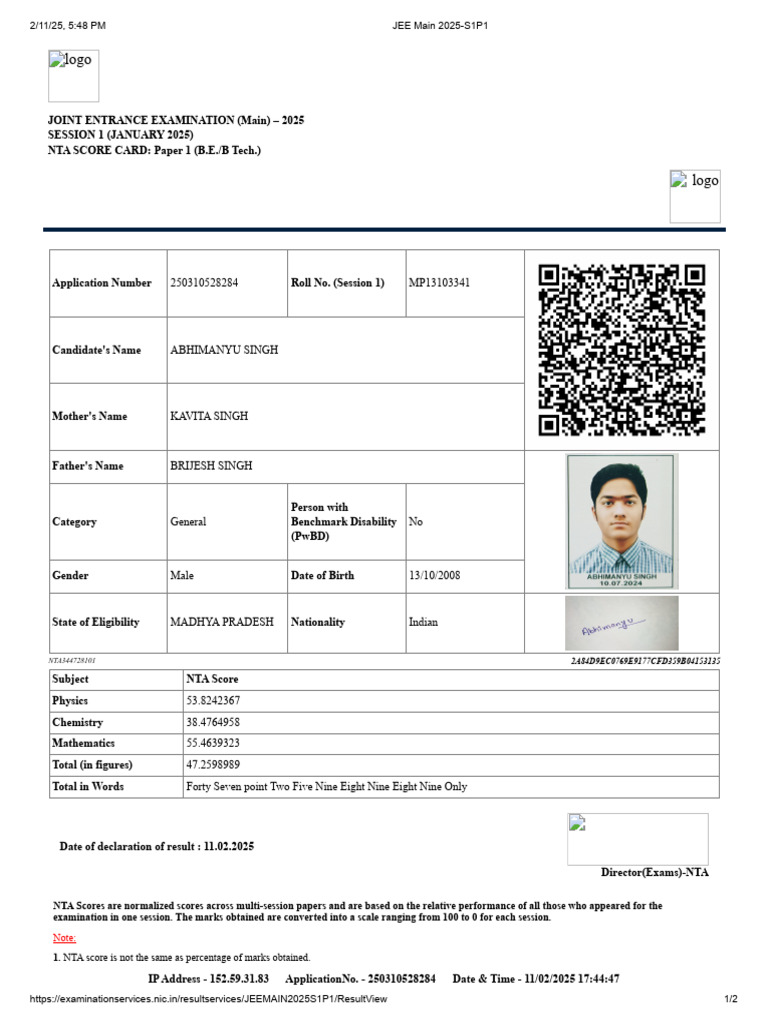 JEE Main 2025 Session 1 Scorecard | PDF | Student Assessment And ...