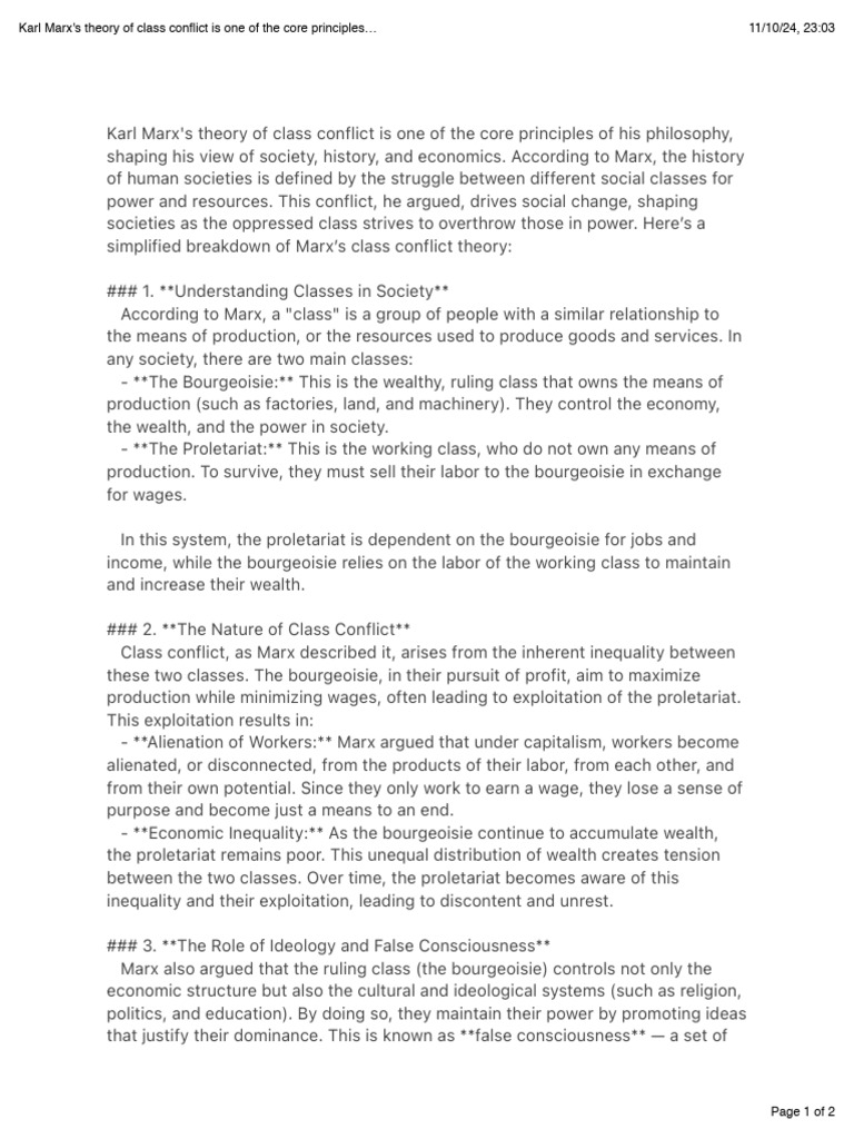 Karl Marx's Theory of Class Conflict Is One of The Core Principles ...