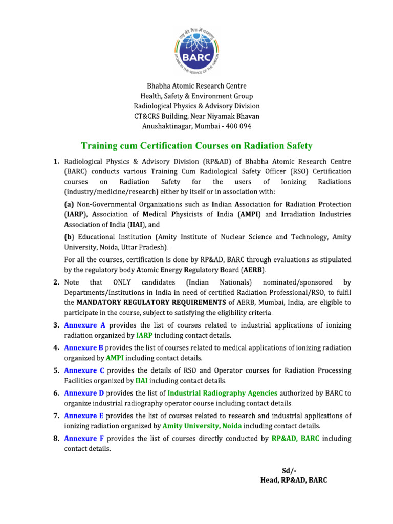 TRG Cum Certification Course On Radiation Safety | PDF