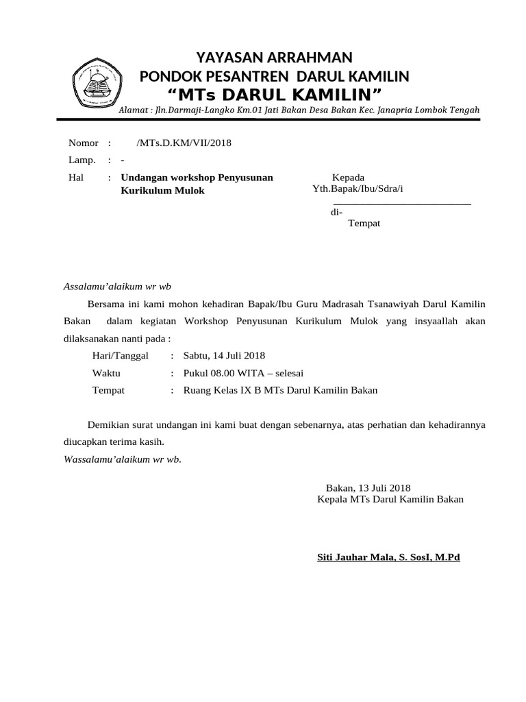 Surat Undangan Rapat Penyusunan Kurikulum Mulok | PDF