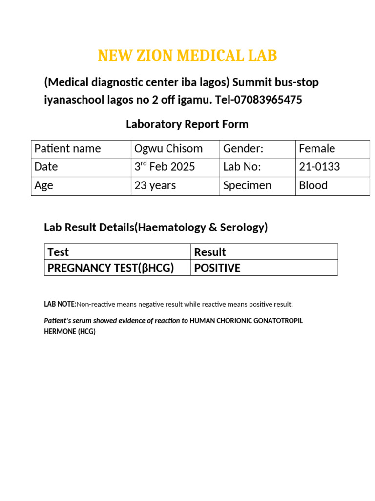 Blood Test Results for Pregnancy | PDF
