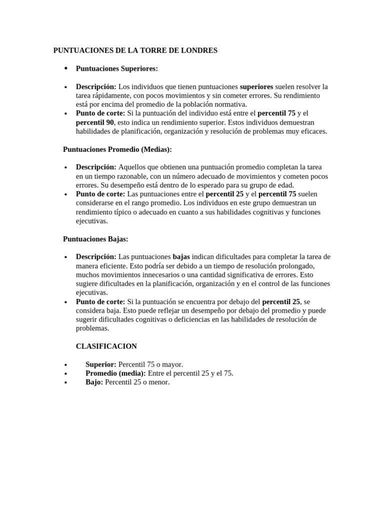 Clasificación de Puntuaciones en Torre de Londres | PDF