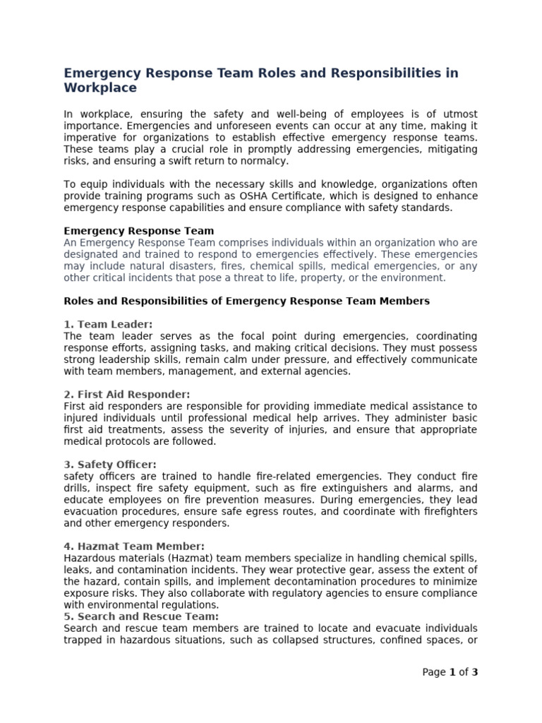 SL-Emergency Response Team Roles and Responsibilities in Workplace ...