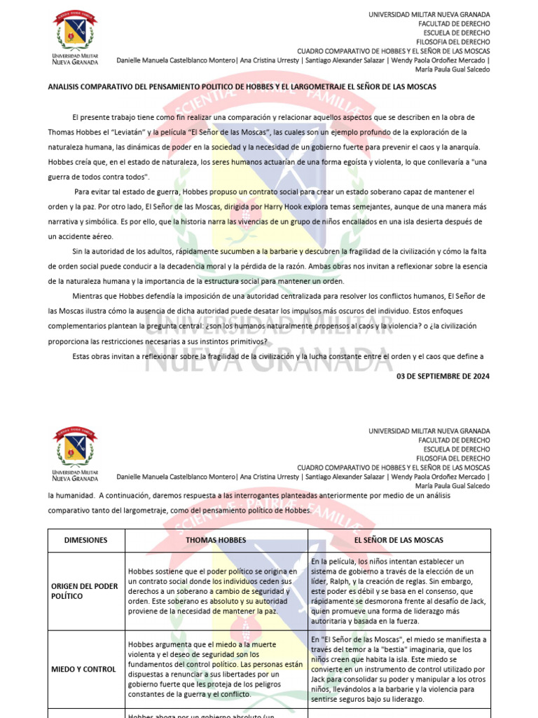 cuadro comparativo hobbes y el señor de las moscas (1) | PDF | Contrato social | Thomas Hobbes