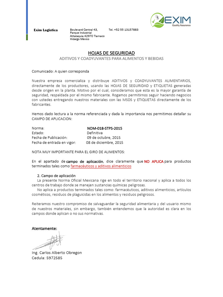 Hojas de Seguridad Nom-018-Stps-2015 - Comunicado No Aplicacion - Exim | PDF