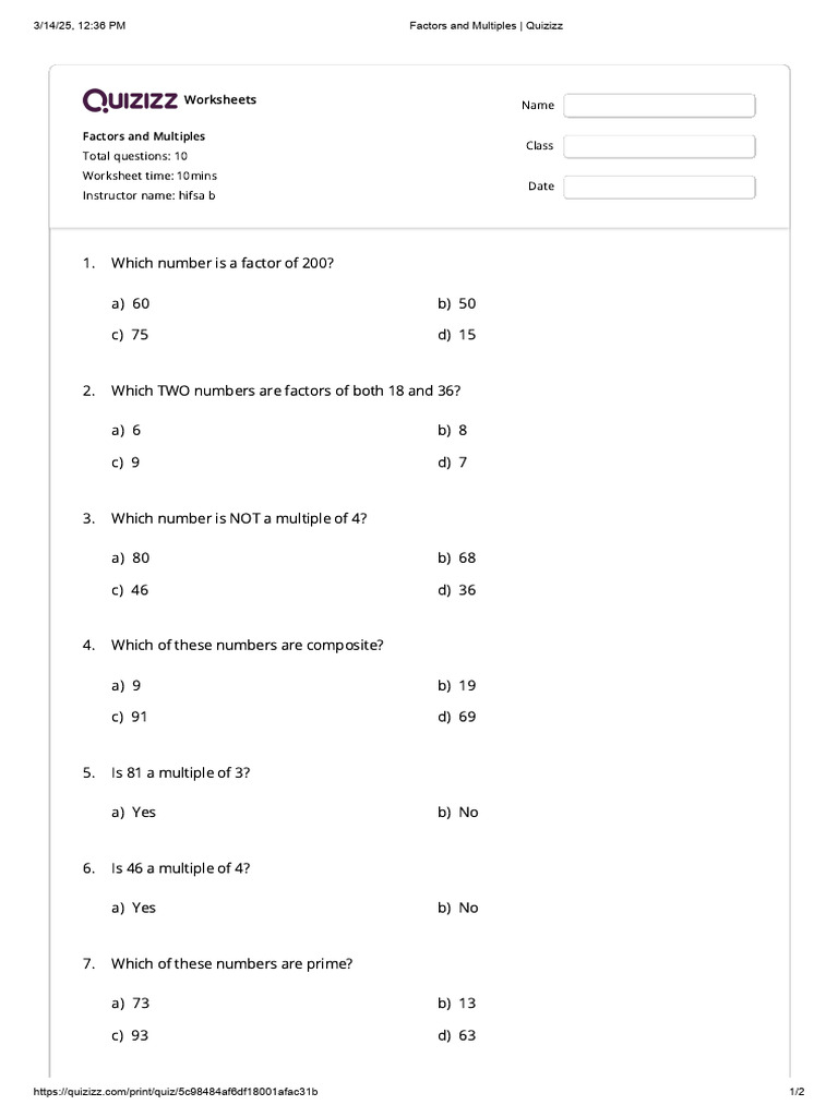Factors and Multiples Worksheet Quiz | PDF | Arithmetic | Numbers
