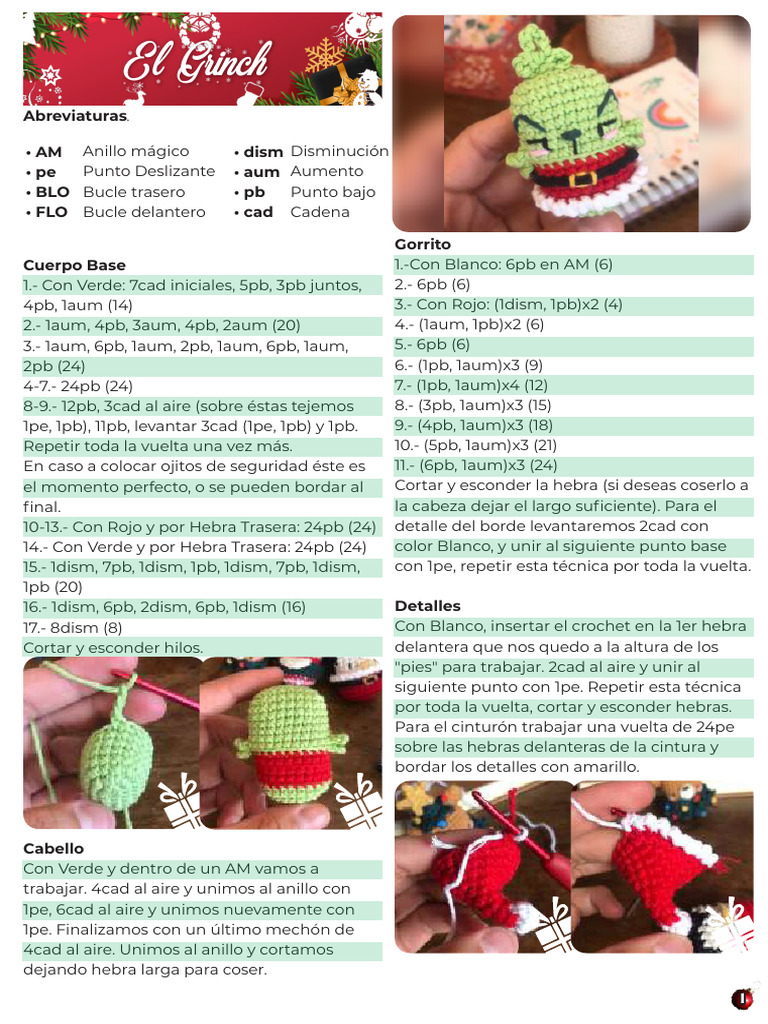 Patrón de Amigurumi: El Grinch paso a paso | PDF