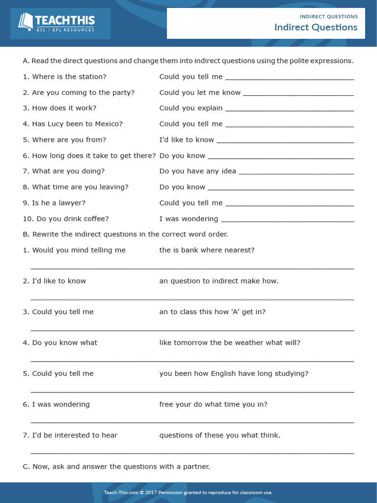Indirect Questions Practice Worksheet | PDF