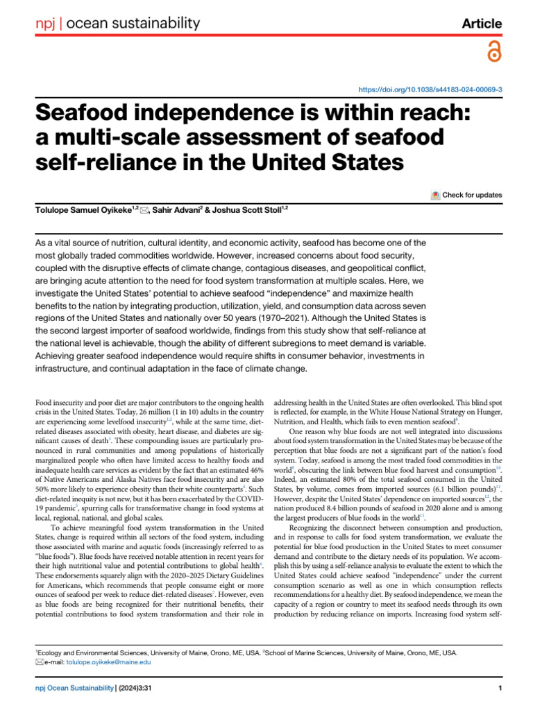 Seafood Independence Is Within Reach: A Multi-Scale Assessment of ...