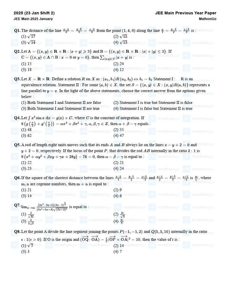 JEE Main 2025 (23 Jan Shift 2) Previous Year Paper With Answer Keys - MathonGo | PDF ...