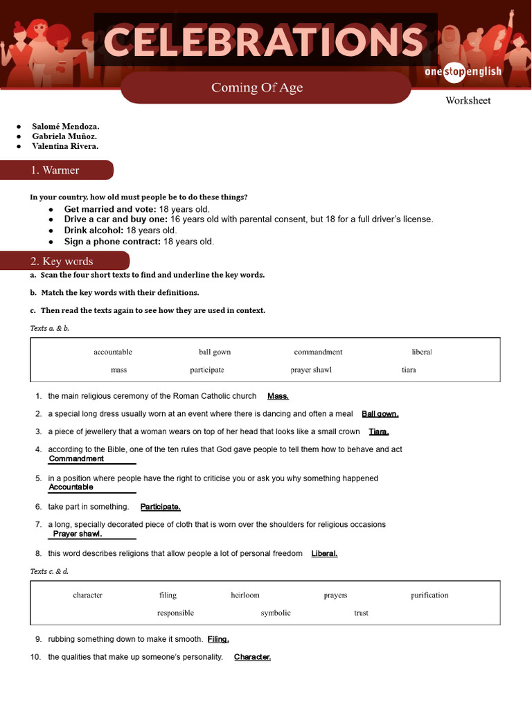 Celebrations Coming of Age Int Worksheet (3) .Docx-2 | PDF | Clothing