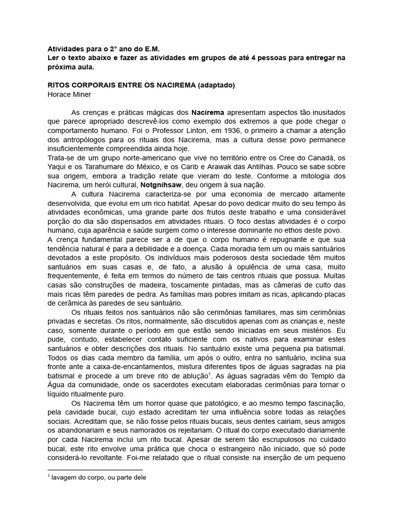 Atividades sobre os Nacirema para 2° ano | PDF | Rituais | Humano