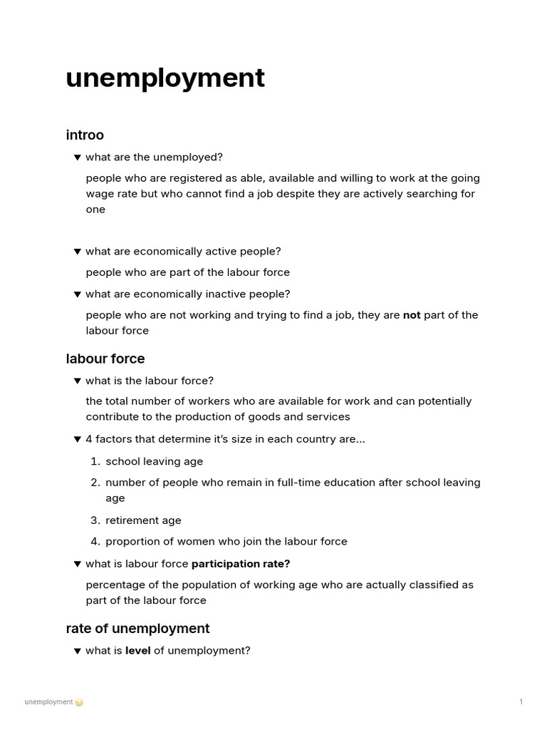 AS Economics Unit 4 Unemployment Summary | PDF | Unemployment | Labour ...