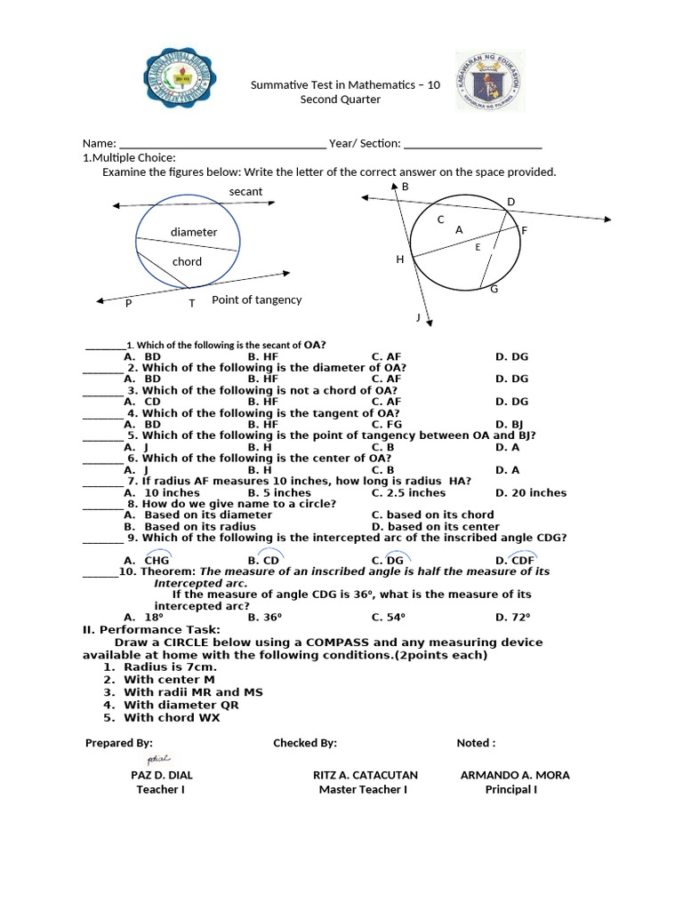 DIAL PAZ D. Summative Test in Mathematics 10 Q2W5 and W6 | PDF ...