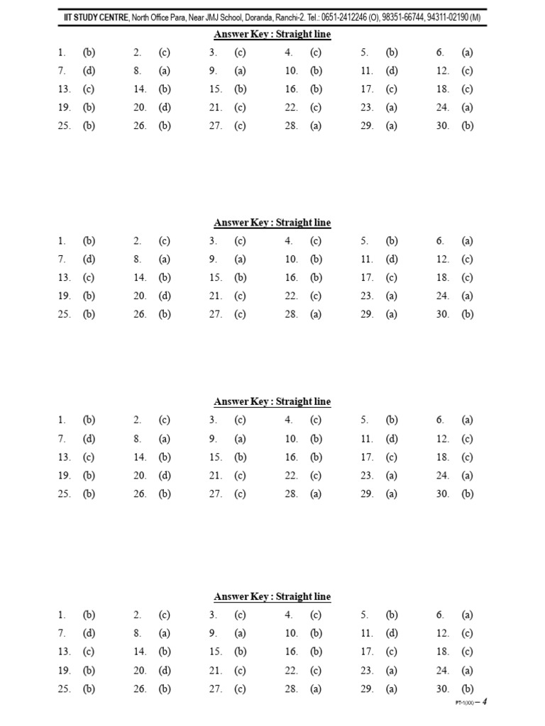 IIT Study Centre Answer Key: Straight Line | PDF | Slope | Perpendicular