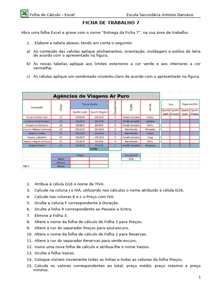 Instruções para Excel: Ficha de Trabalho 7 | PDF