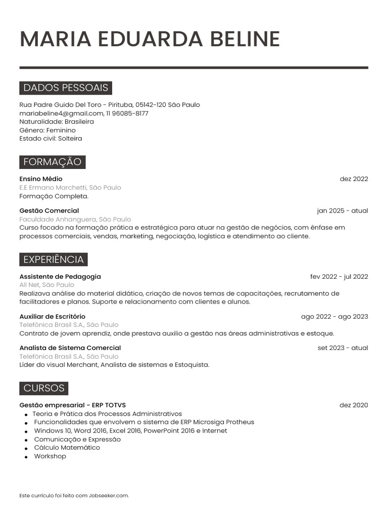 Currículo Maria Eduarda Beline | PDF