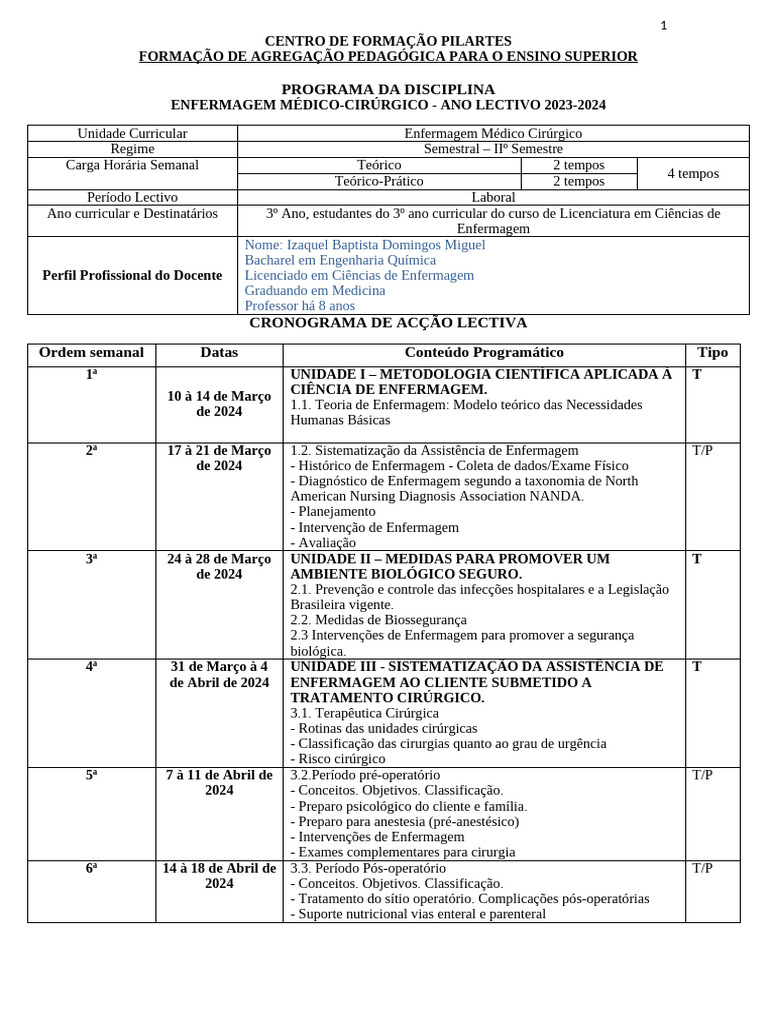 PROGRAMA DA DISCIPLINA EMC - IZAQUEL MIGUEL | PDF | Enfermagem | Pedagogia