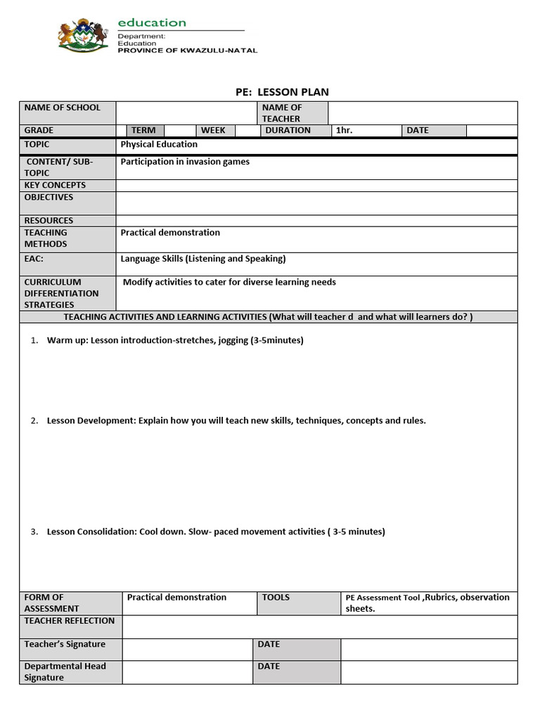 2025 PE - Weekly Lesson Plan With Explanations (1) | PDF