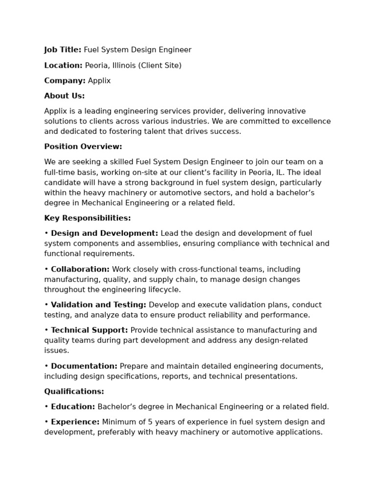 JD - Fuel Systems Design Engineer | PDF | Product Lifecycle | Engineering