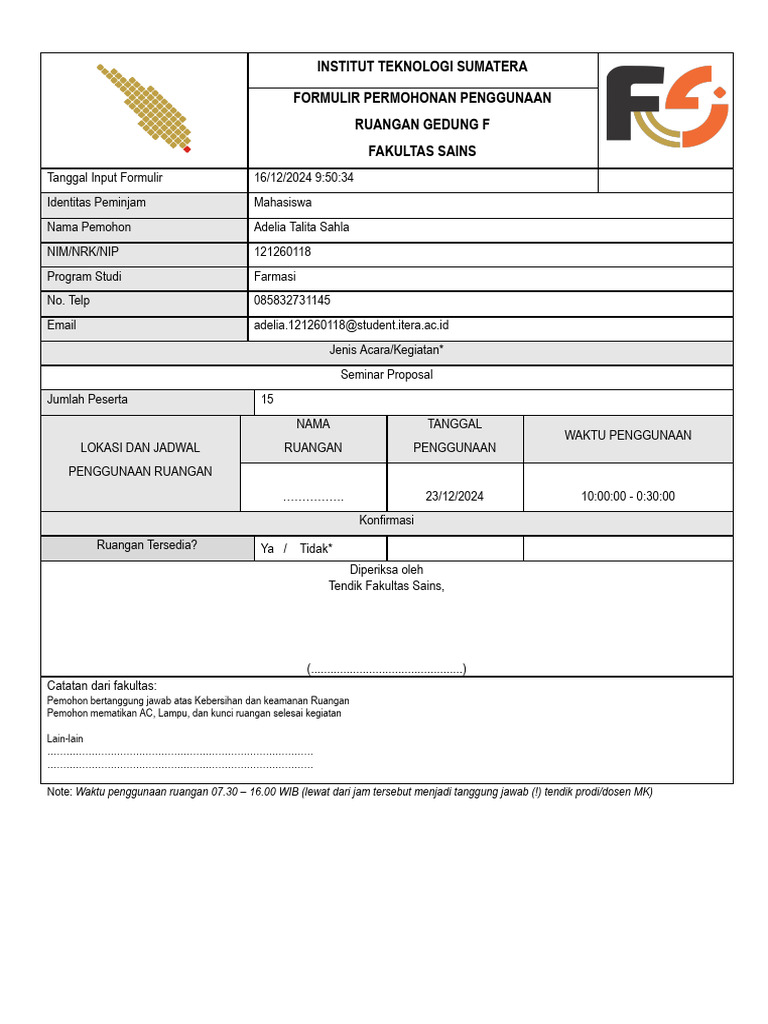 Form Peminjaman Ruangan Fakultas Sains Adelia Talita Sahla | PDF