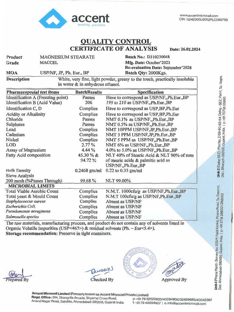 Magnesium Stearate Quality Analysis Report | PDF | Chemistry | Chemical ...