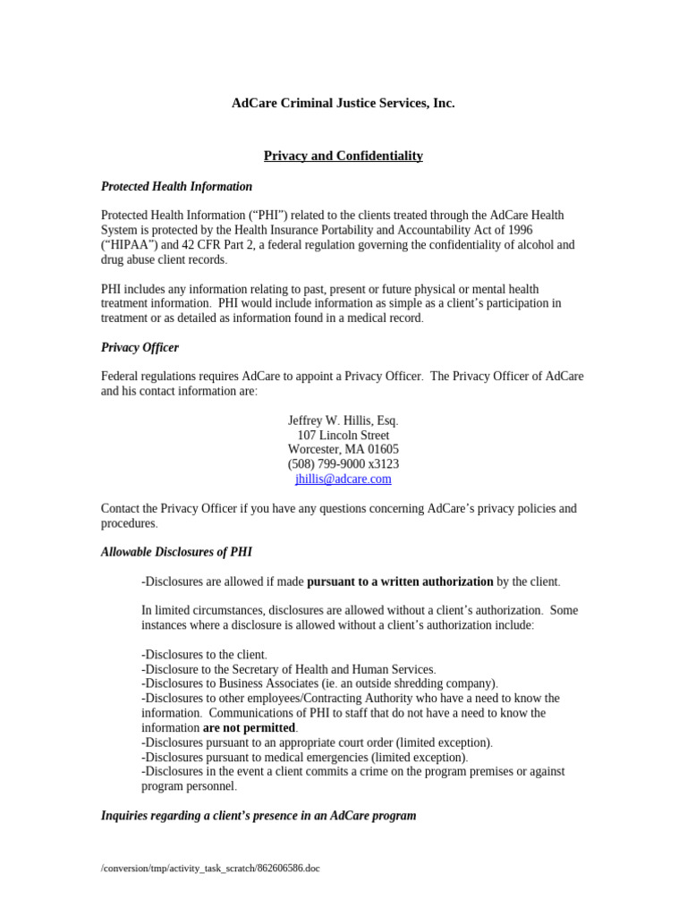 AdCare PHI Privacy Policies Overview | PDF | Privacy | Health Insurance ...