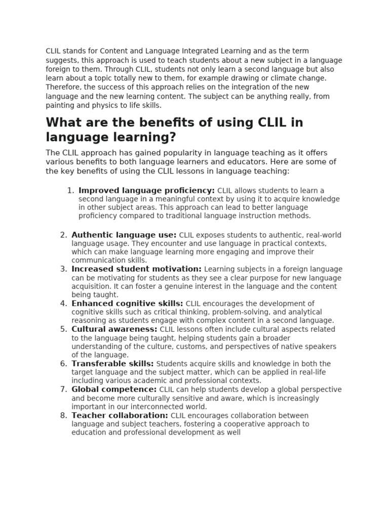 Benefits of Content and Language Learning | PDF | Learning | Second ...