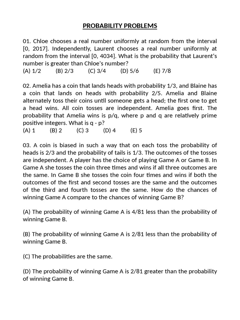 Exercises - Probability Problems | PDF | Odds | Mathematics