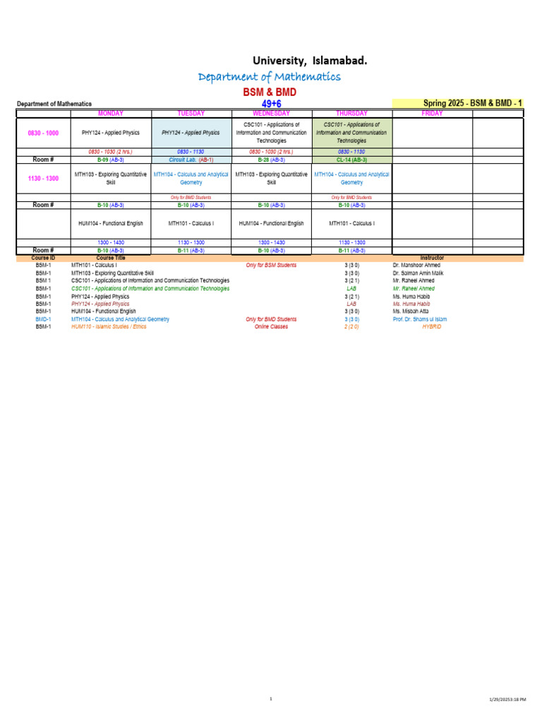 Spring 2025 BSM & BMD Timetable | PDF | Mathematics