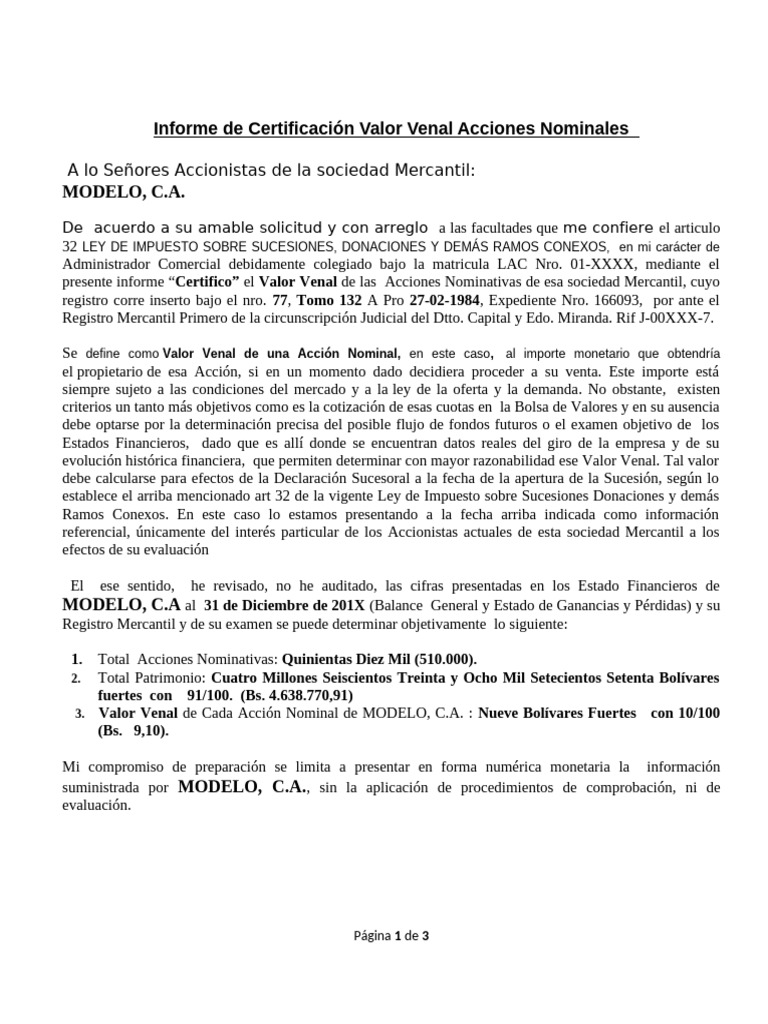 Valor Venal Acciones Nominativas Informe | PDF | Compartir (Finanzas ...