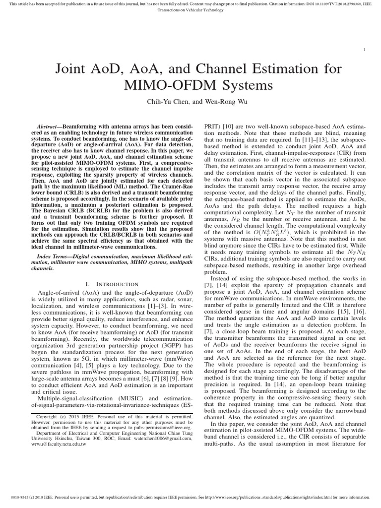 Joint AoD, AoA, and Channel Estimation For MIMO-OfDM Systems | PDF | Matrix (Mathematics ...