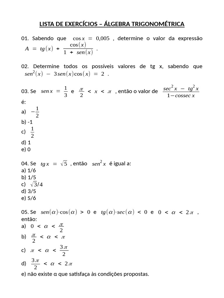 Exercícios - Álgebra Trigonométrica | PDF