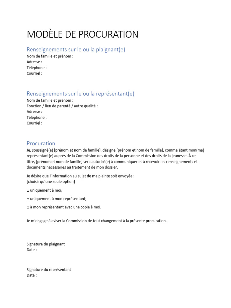 Modèle de procuration pour plainte | PDF