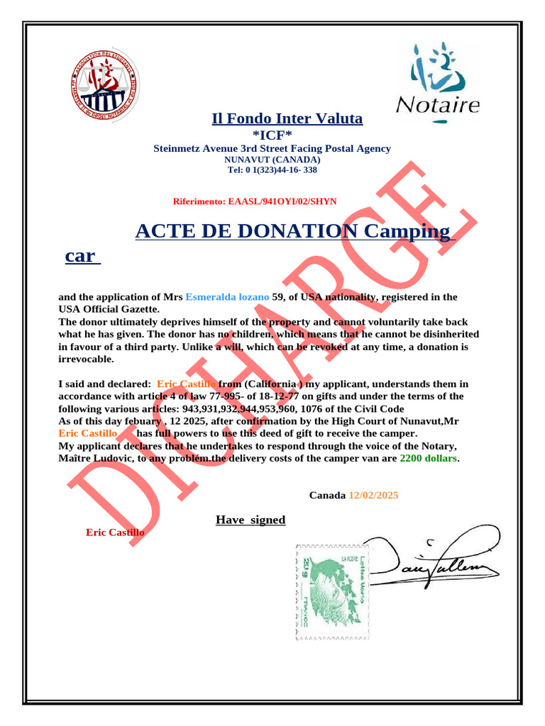 Donation Deed for Camper Van in Canada | PDF