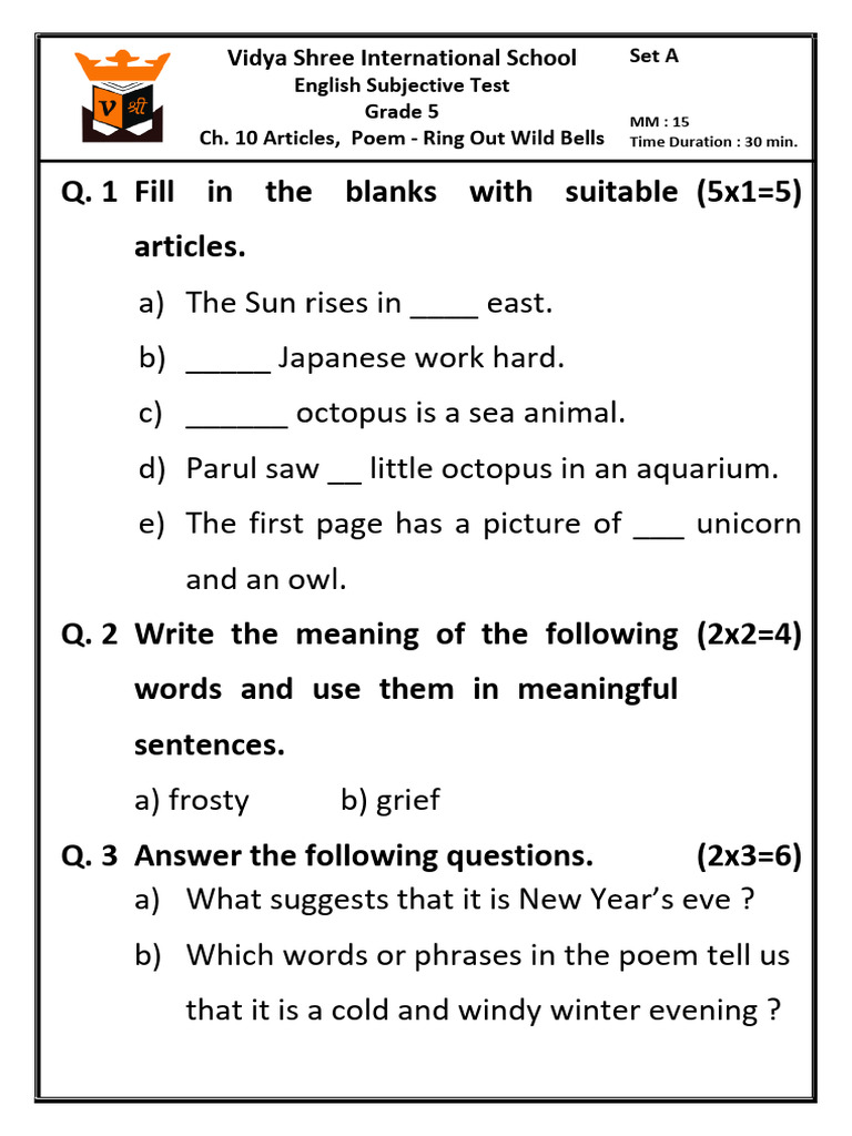 Grade 5 English Test: Articles & Poem | PDF