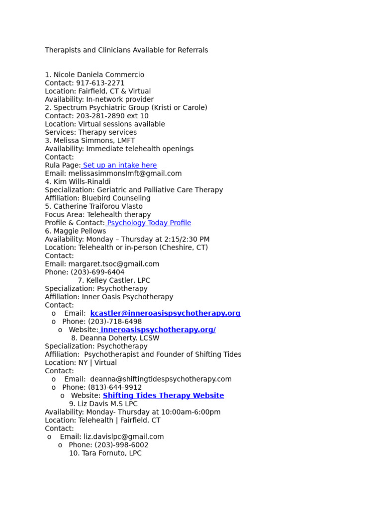 Therapists and Clinicians Available For Referrals | PDF | Psychotherapy | Abnormal Psychology