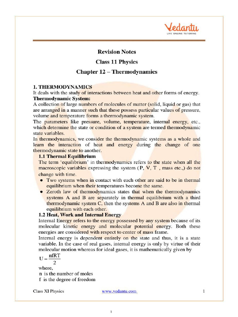 Class 11 Physics Revision Notes Thermodynamics | PDF
