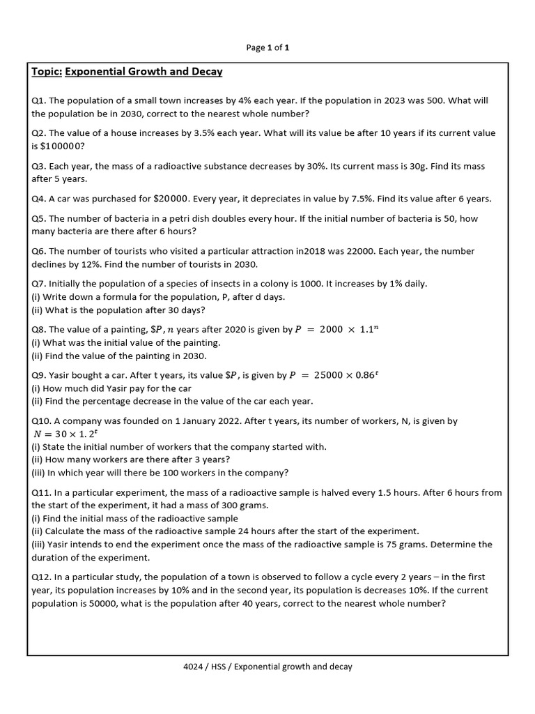 Exponential Growth and Decay Problems | PDF | Radioactive Decay ...