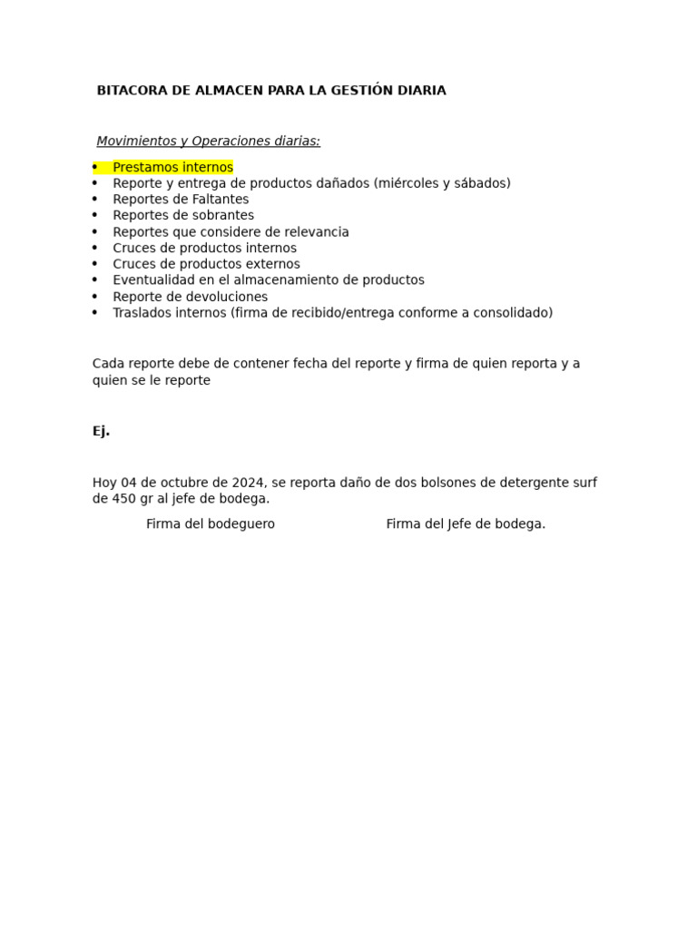 Bitácora de Almacén Diaria | PDF