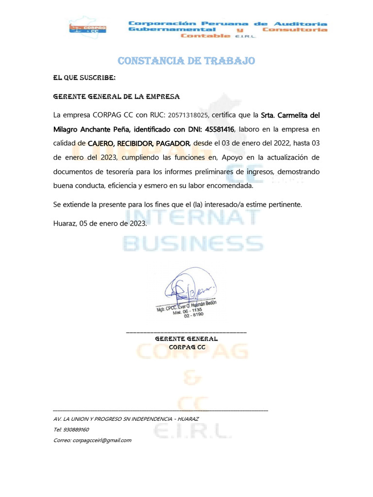 Constancia Corpag Cajero | PDF