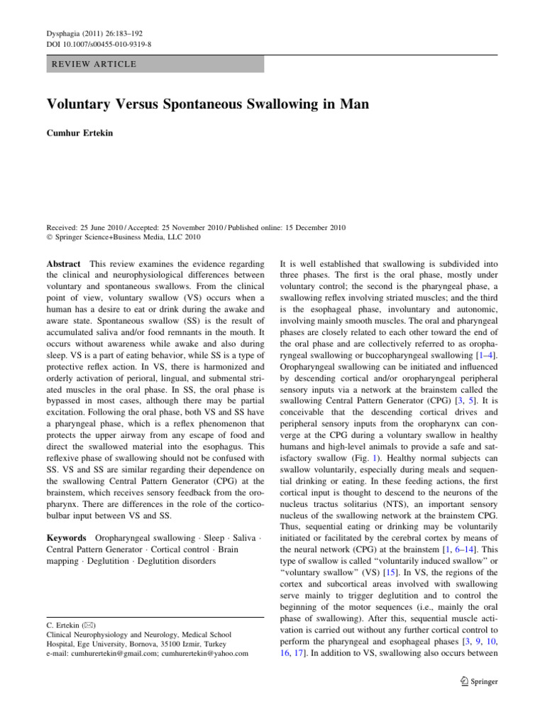 Voluntary vs. Spontaneous Swallowing | PDF | Cerebral Cortex | Neuroscience