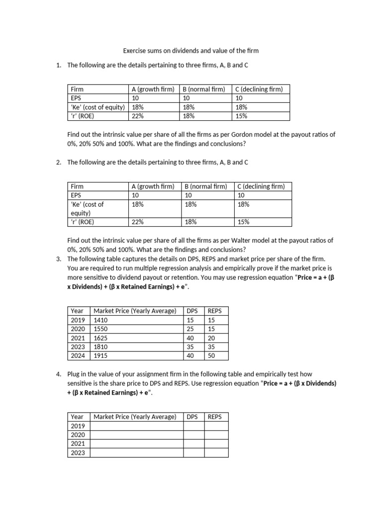 Dividend Exercise-Gordon and Walter and Regression | PDF