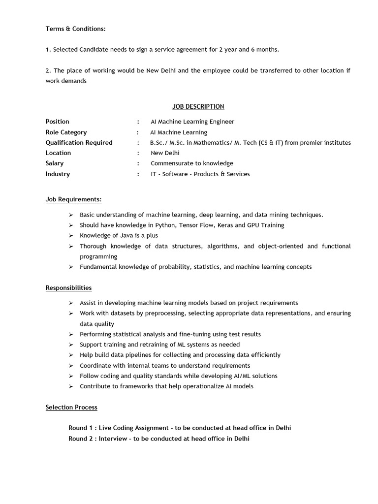 JD - AI Machine Learning - Freshers | PDF