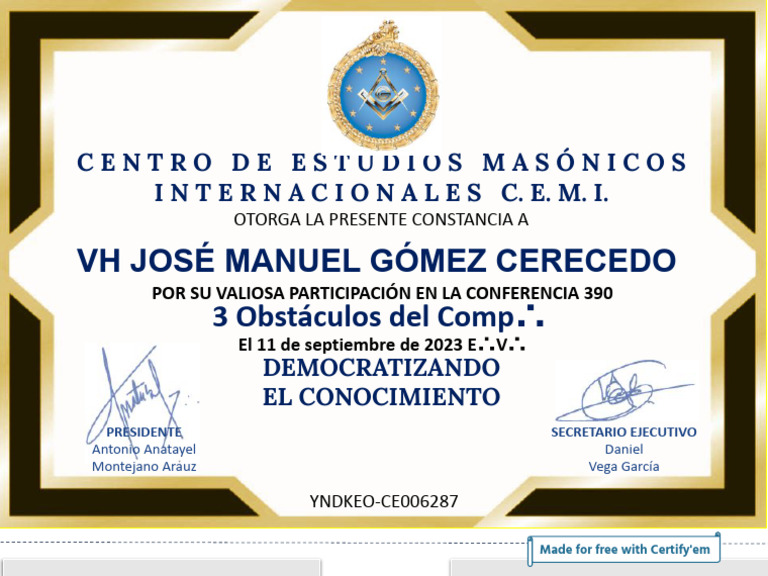 Certificate For VH JOS - MANUEL G - MEZ CERECEDO For - 3 Obst - Culos Del Comp | PDF