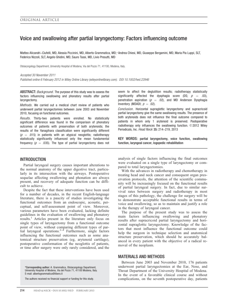 Voice and Swallowing After Partial Laryn | PDF | Larynx ...