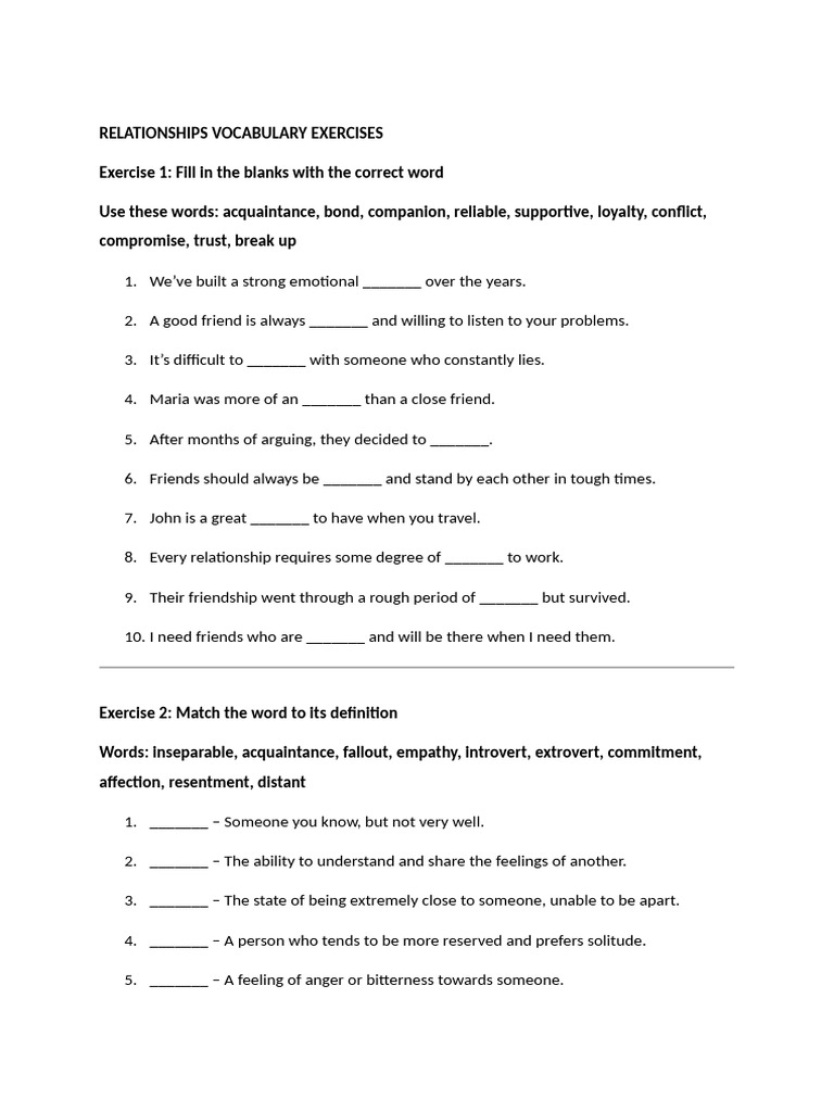 B2 Relationships Vocabulary Exercises | PDF | Friendship | Extraversion ...
