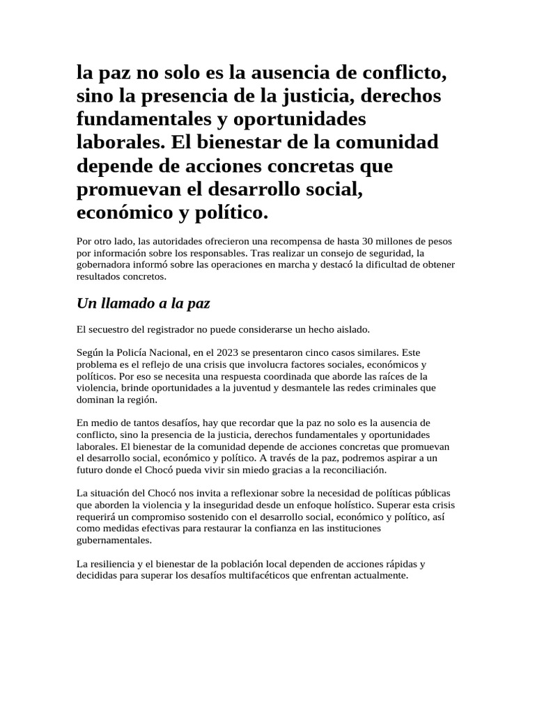 La Paz No Solo Es La Ausencia de Conflicto | PDF | Paz | Bienestar