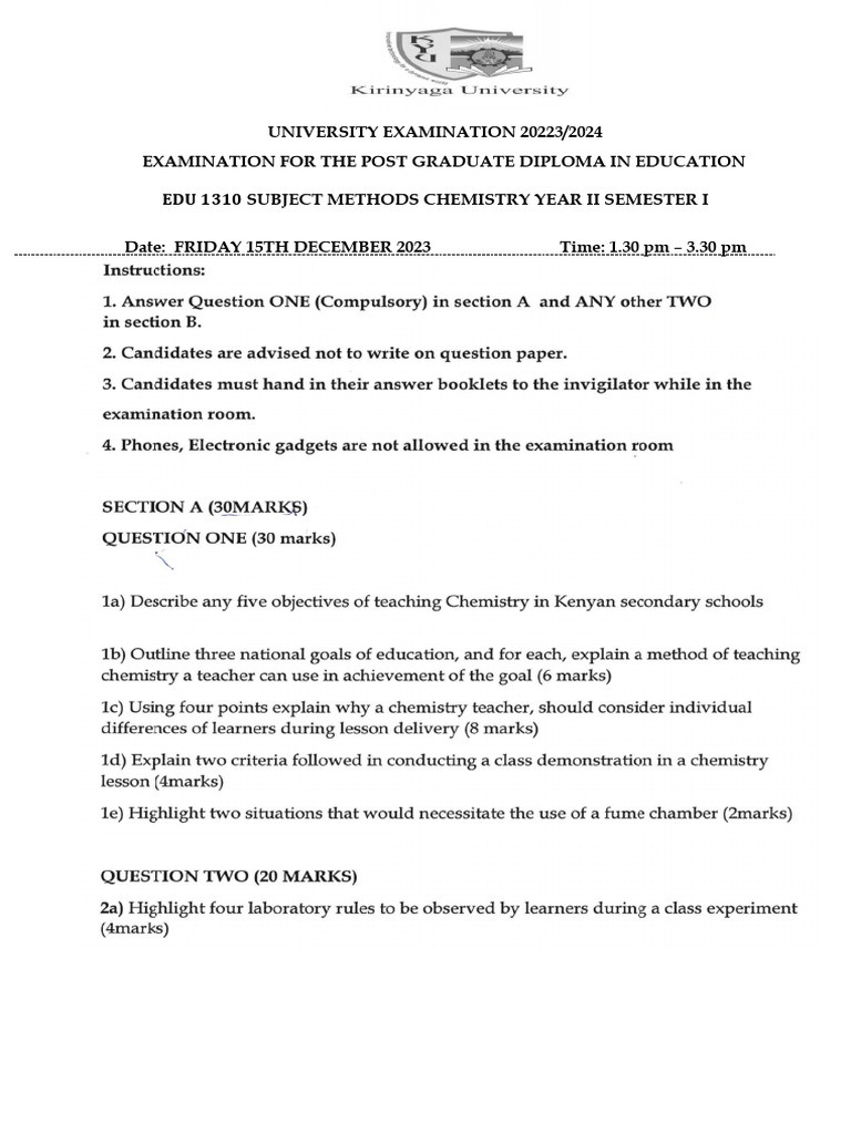 Edu 1310 Subject Methods Chemistry Year Ii Semester I | PDF