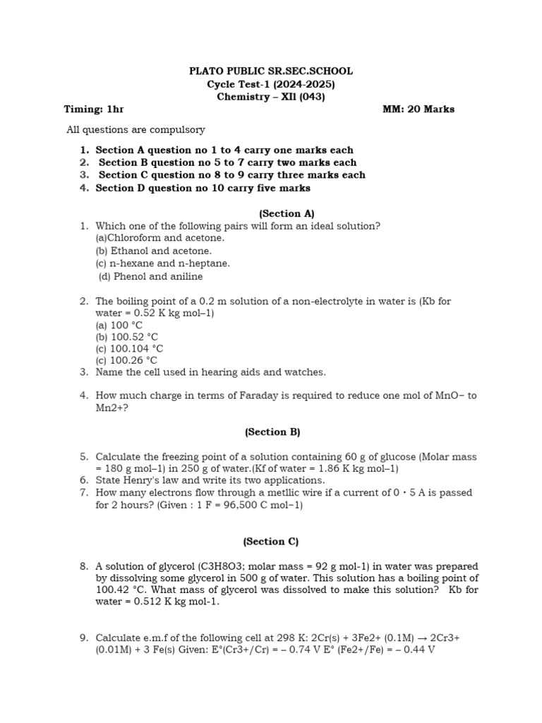 18.05.24 Cycle Test 1 Class 12 Chemistry | PDF | Water | Mole (Unit)